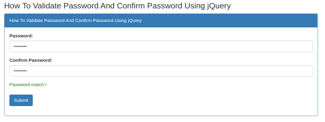 Validate Password And Confirm Password Using Jquery