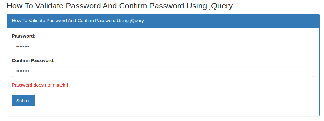 Validate Password And Confirm Password Using Jquery